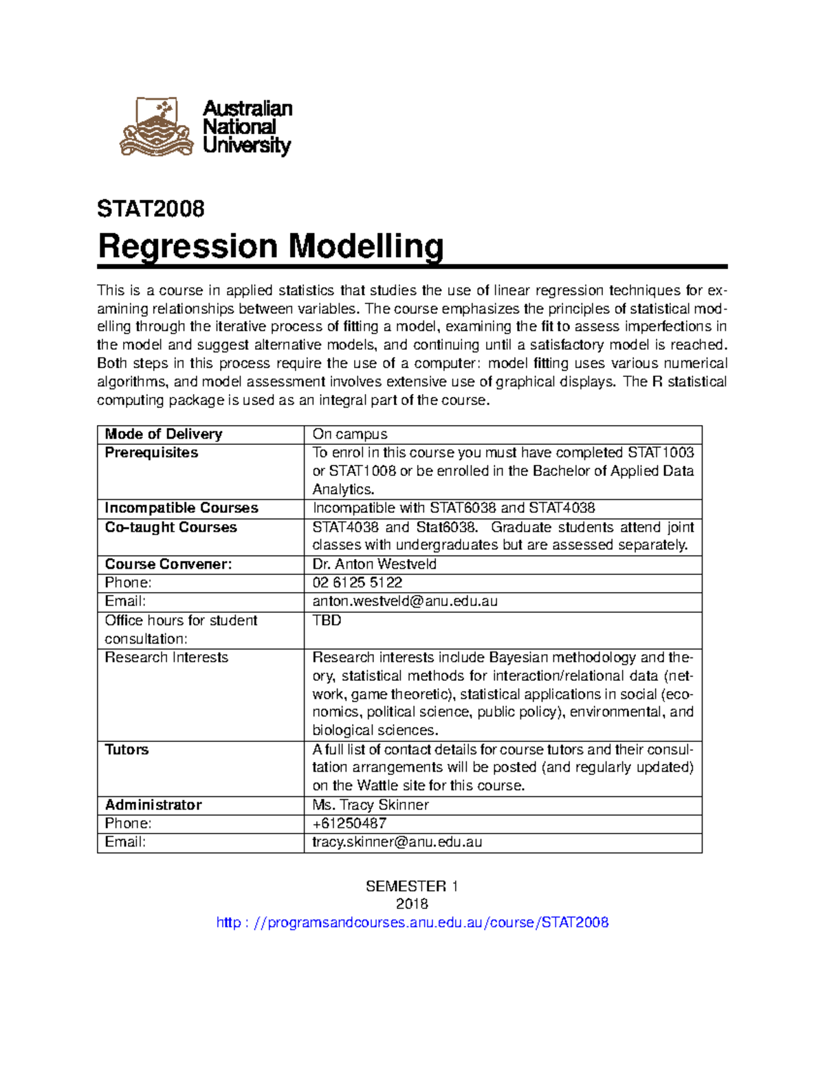 STAT2008: Regression Modelling Course Overview and Assessment Guide ...