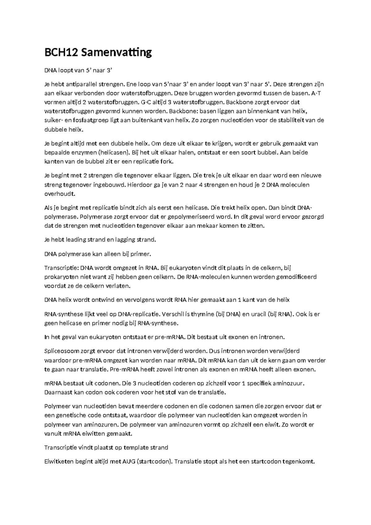 BCH12 Samenvatting - DNA Synthese en Transcriptie Proces - Studeersnel
