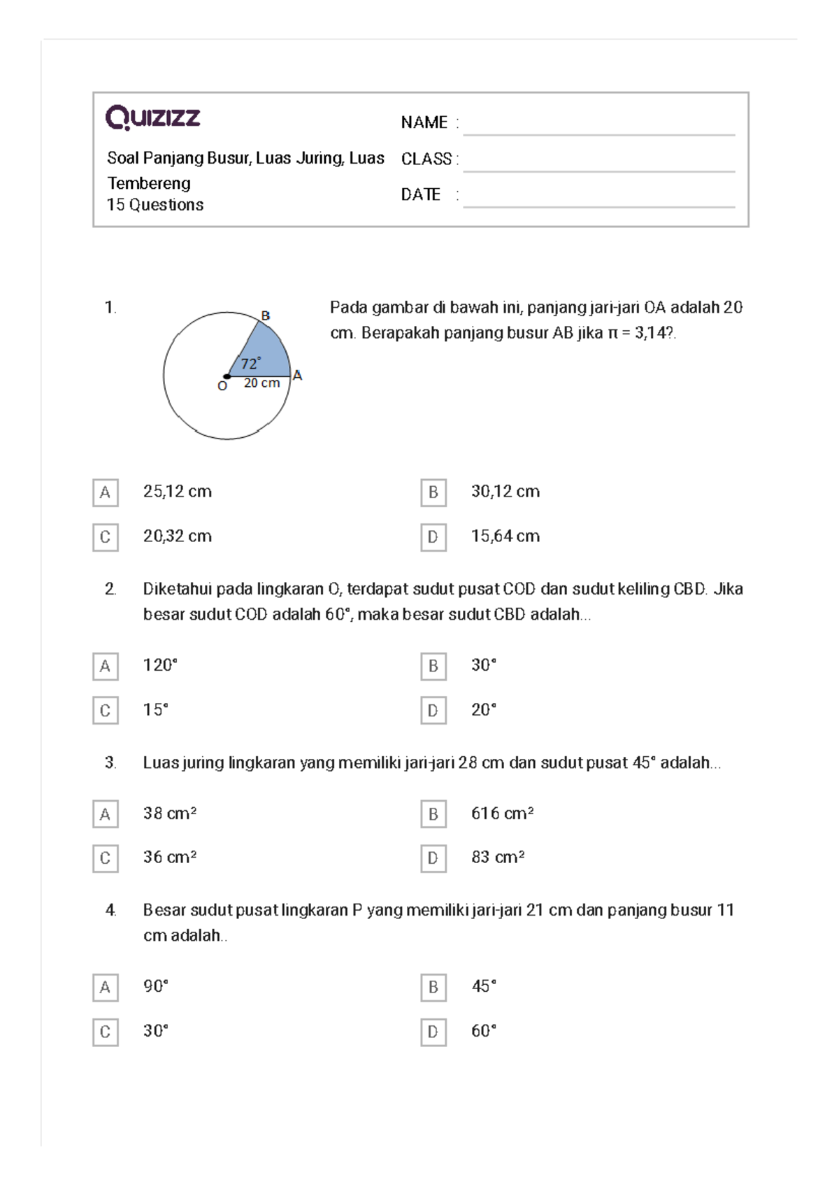 Soal Panjang Busur dan Luas Juring Tembereng - 15 Questions - Studocu