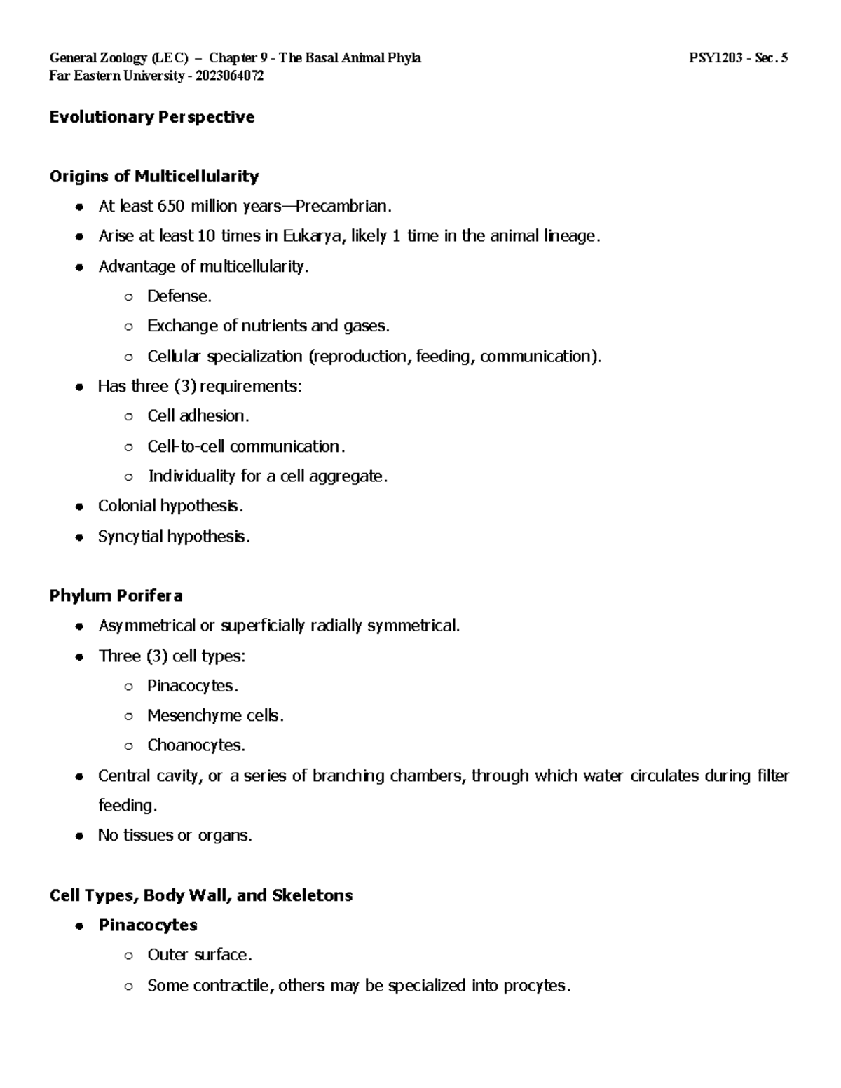 General Zoology (LEC) Chapter 9: The Basal Animal Phyla Overview - Studocu