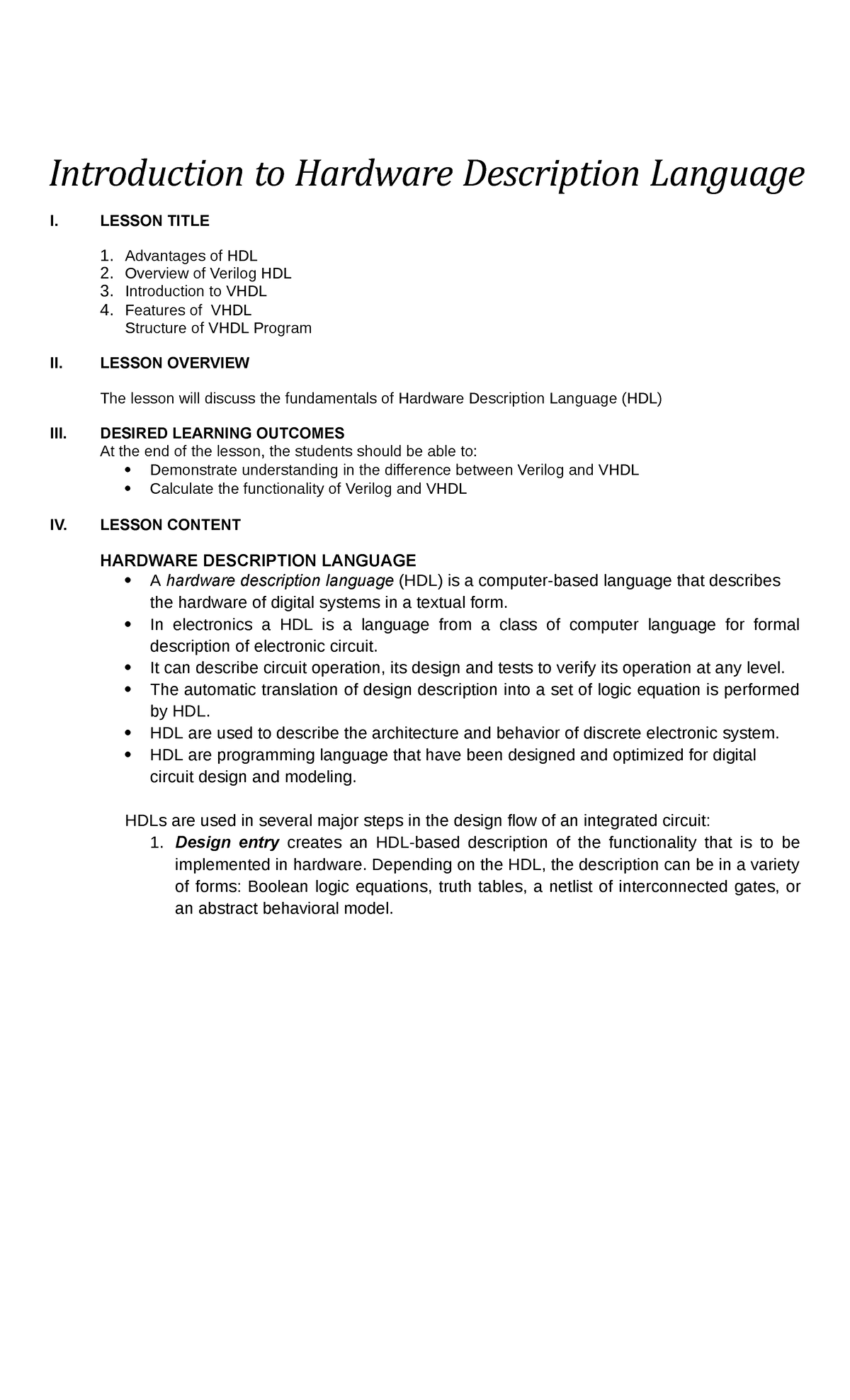 Module 1 - Overview of Hardware Description Language (HDL) Basics - Studocu