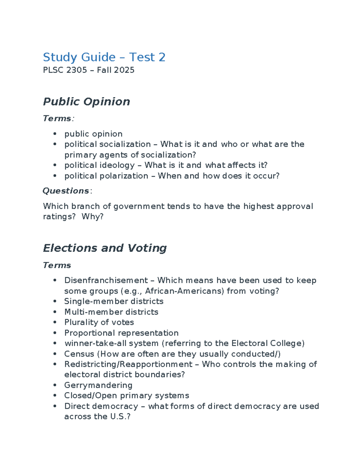Study Guide – Test 2 for PLSC 2305: Public Opinion, Voting, Media ...