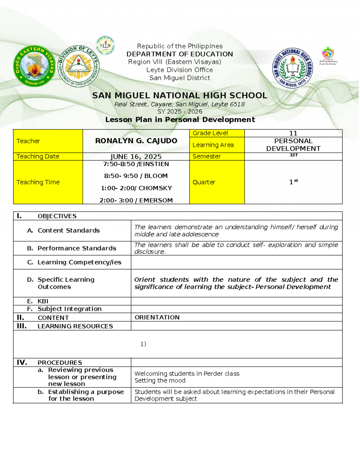 SY 2025-2026 Lesson Plan for Personal Development (Grade 11) - Studocu