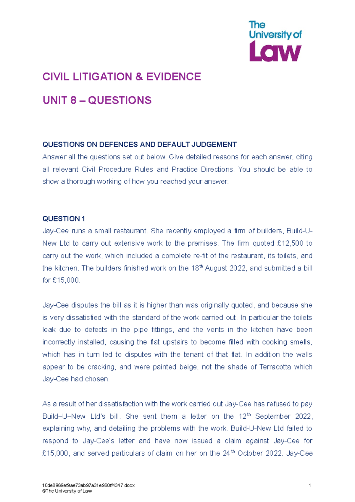 CIV Week 8 CE01 Defences and Default Judgement Questions Analysis - Studocu