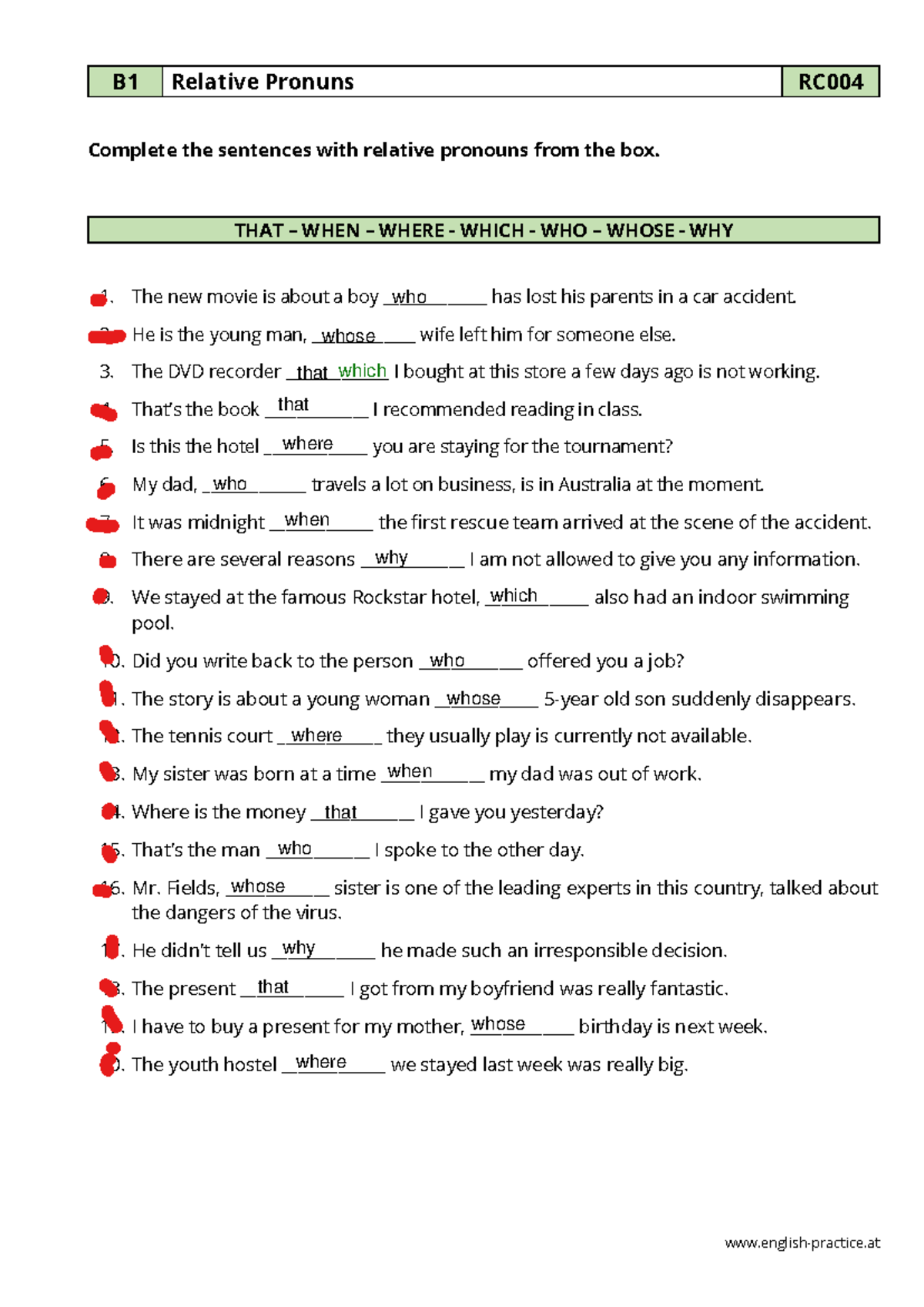Relative-pronouns - ficha de trabalho - english-practice B1 Relative Pronuns RC00 4 Complete the ...
