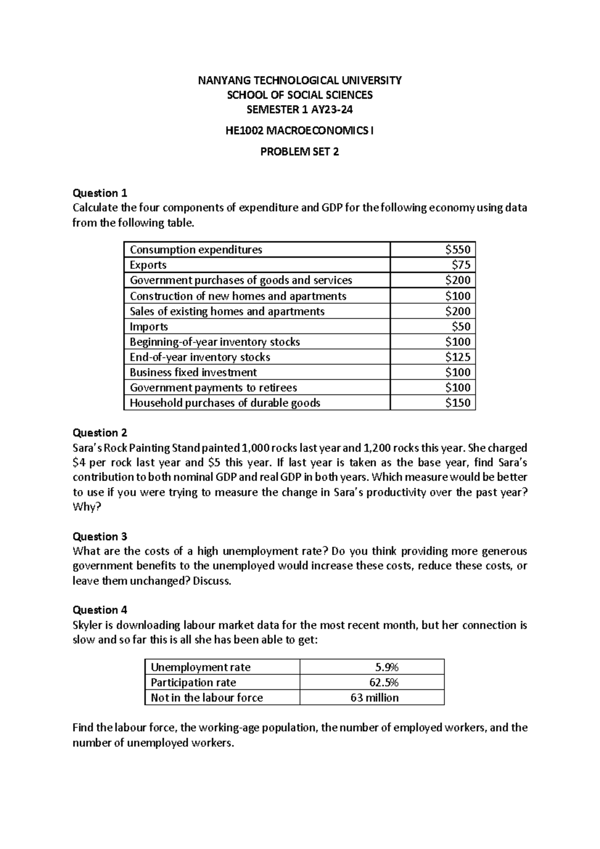 HE1002 Macroeconomics I - Problem Set 2 Solutions and Analysis - Studocu