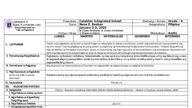 DLL WEEK 1 QUARTER 3: GRADE 9 FILIPINO LESSON LOG - Studocu