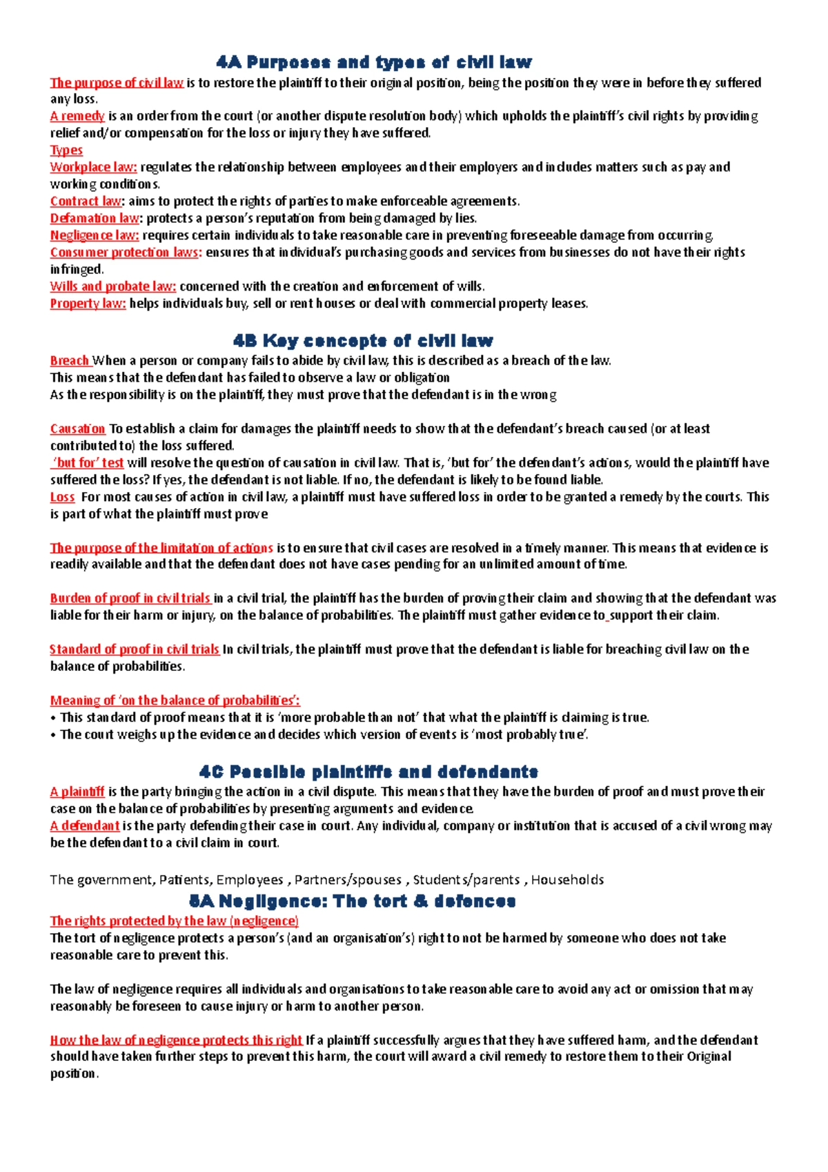 Legal Studies Notes CH4&5 - 4A Purposes and types of civil law The ...