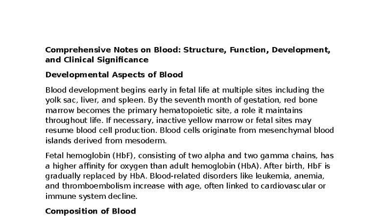 Comprehensive Blood Notes: Structure, Function, and Disorders (BIO101 ...