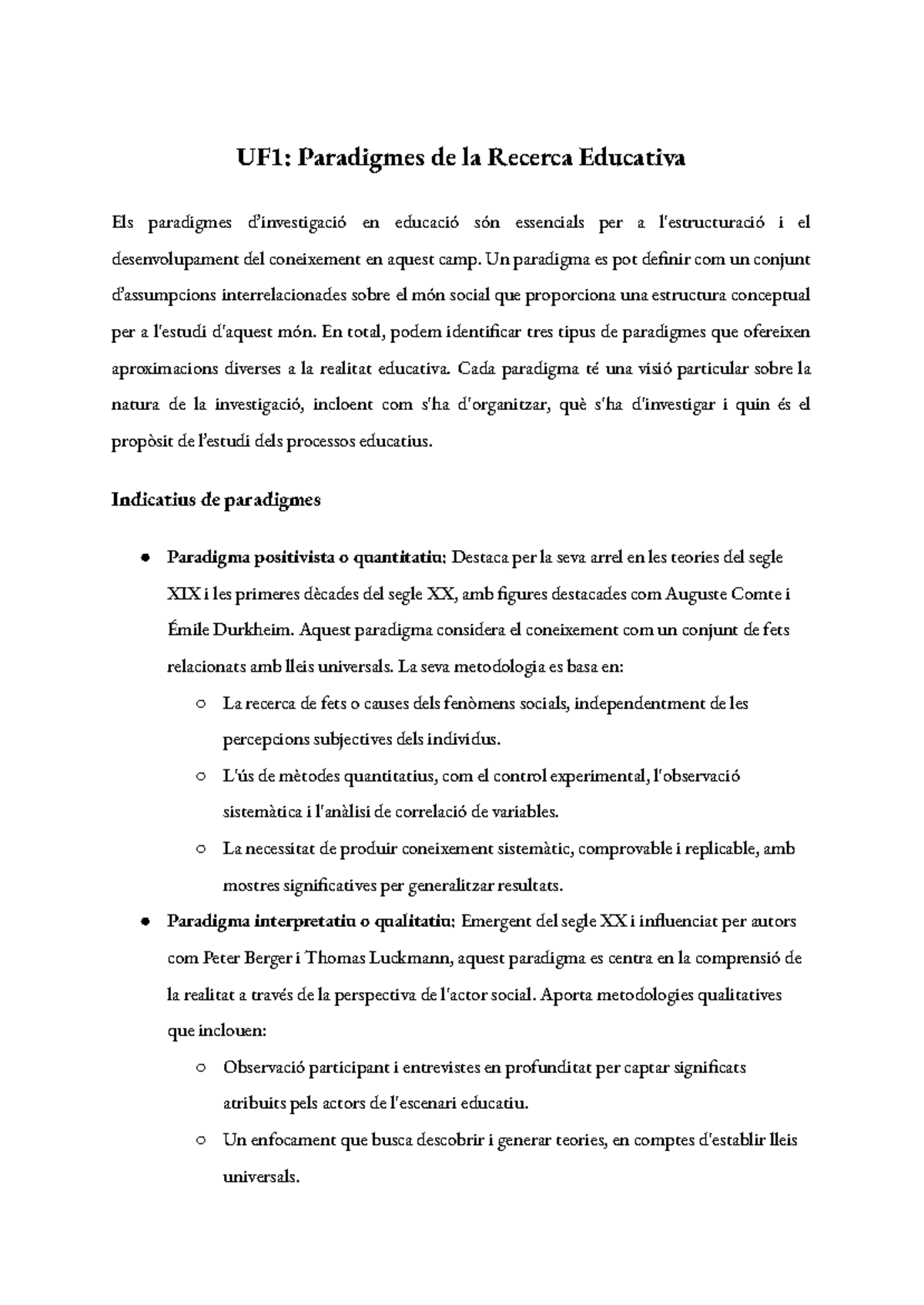 UF1: Resum sobre Paradigmes de la Recerca Educativa - Studocu