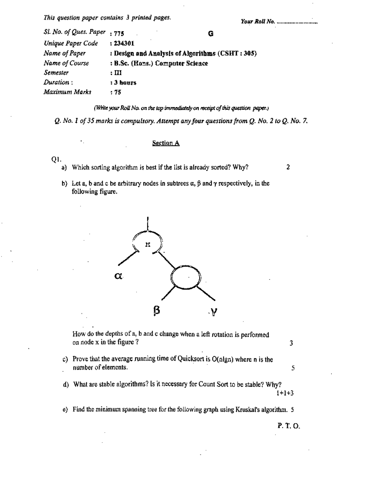CSHT 305 - Design & Analysis of Algorithms - Question Paper - Studocu