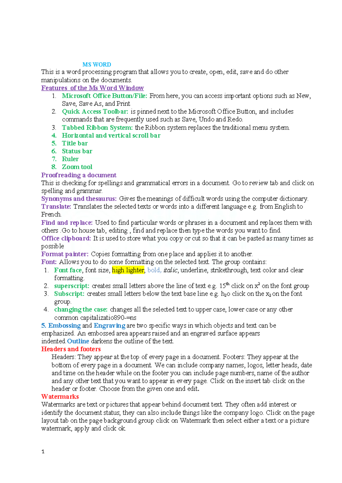 MS WORD: Comprehensive Guide to Features and Functions - Studocu
