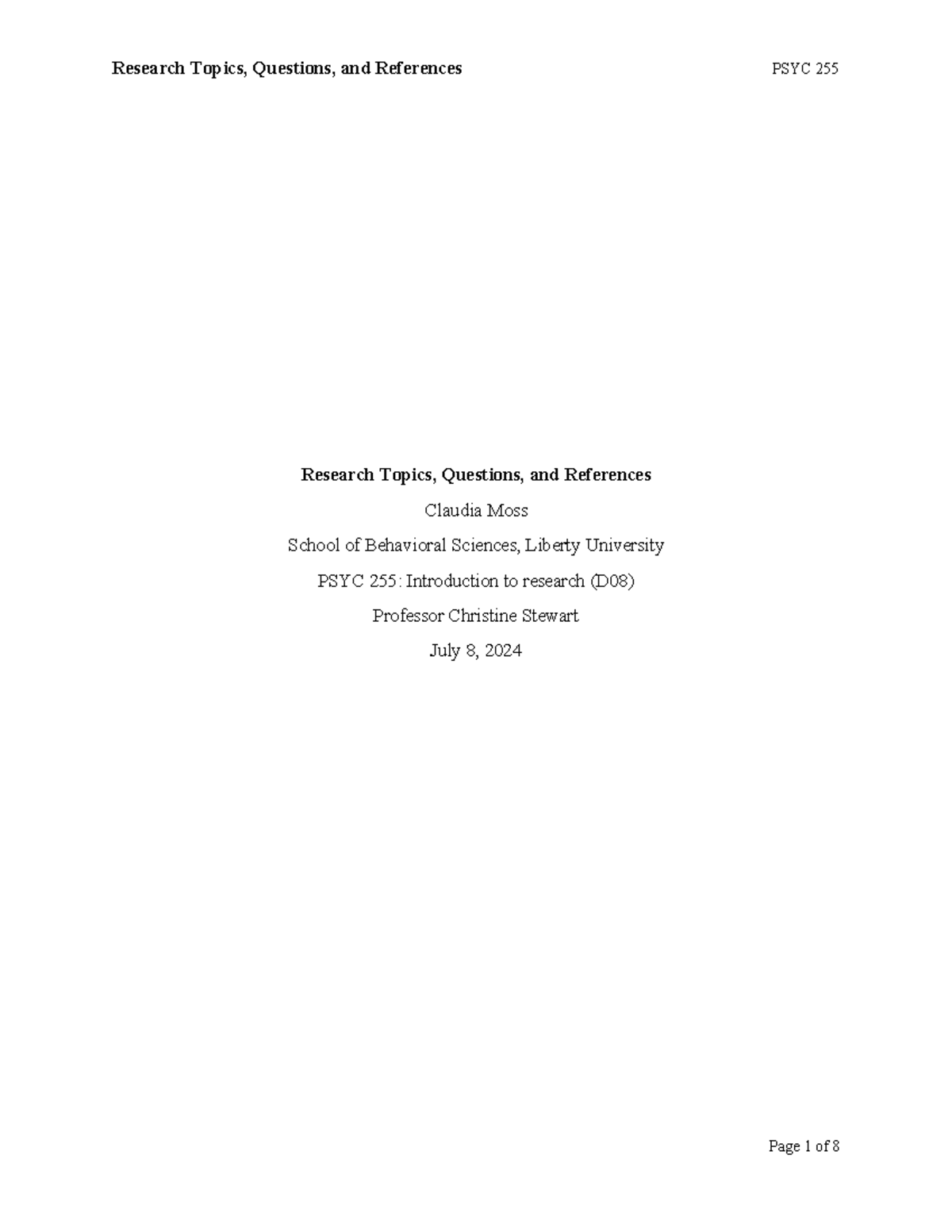 Research Topics, Questions, and References for PSYC 255 Assignment ...