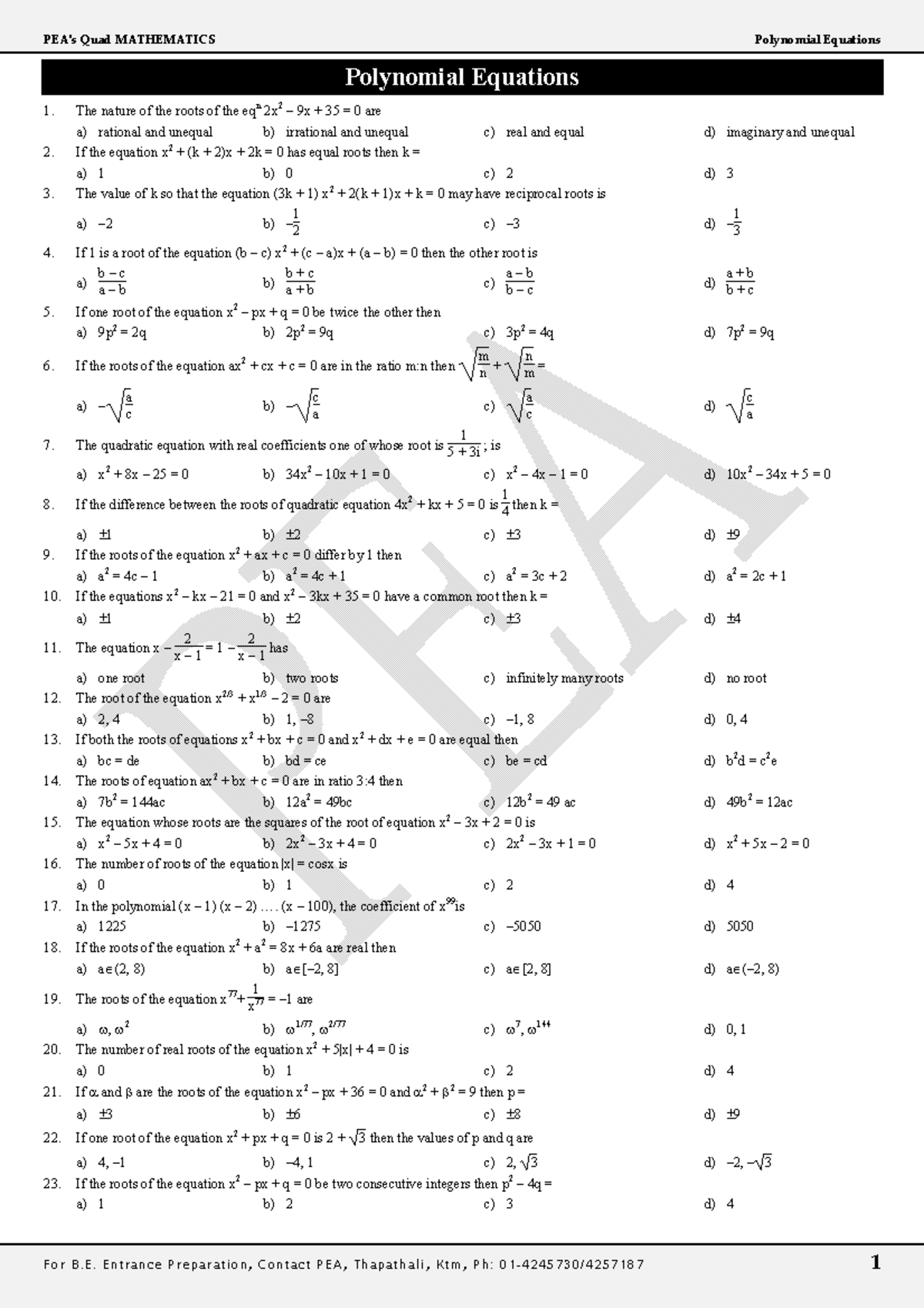 Math problems support - PEA's Quad MATHEMATICS Polynomial Equations F o ...
