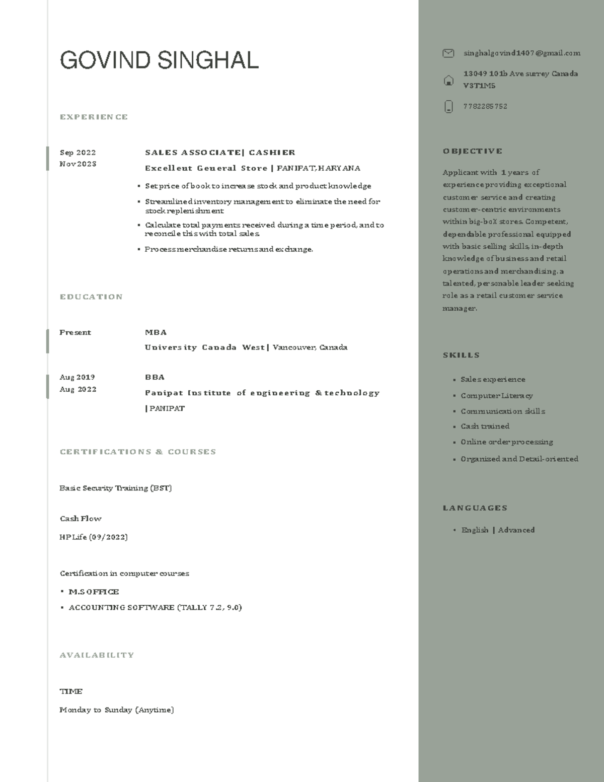 Govindsinghal r - GOVIND SINGHAL EXPERIENCE Sep 2022 Nov 2023 SALES ...