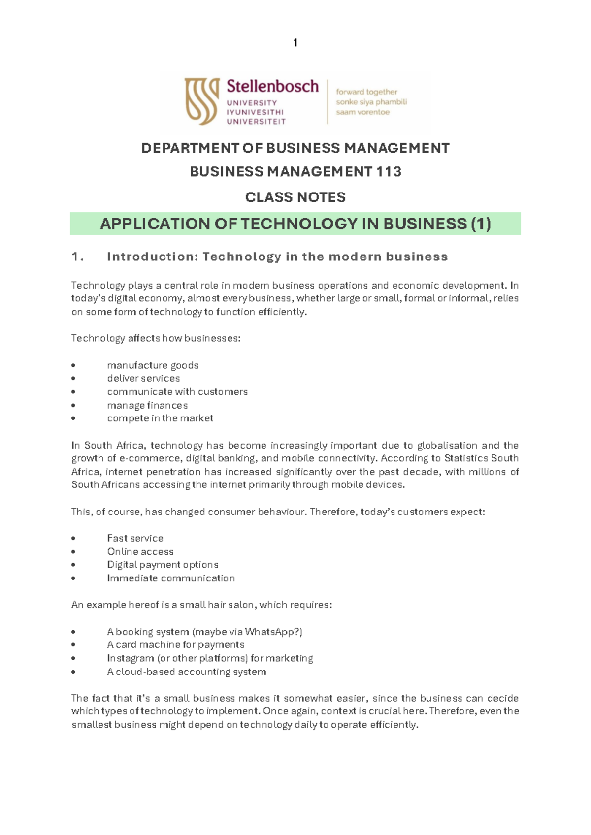 BUSINESS MANAGEMENT 113: Class Notes on Technology in Business - Studocu