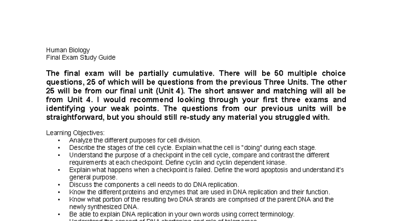 Human Biology BIOL101 Final Exam Study Guide: Cell Division & Genetics ...
