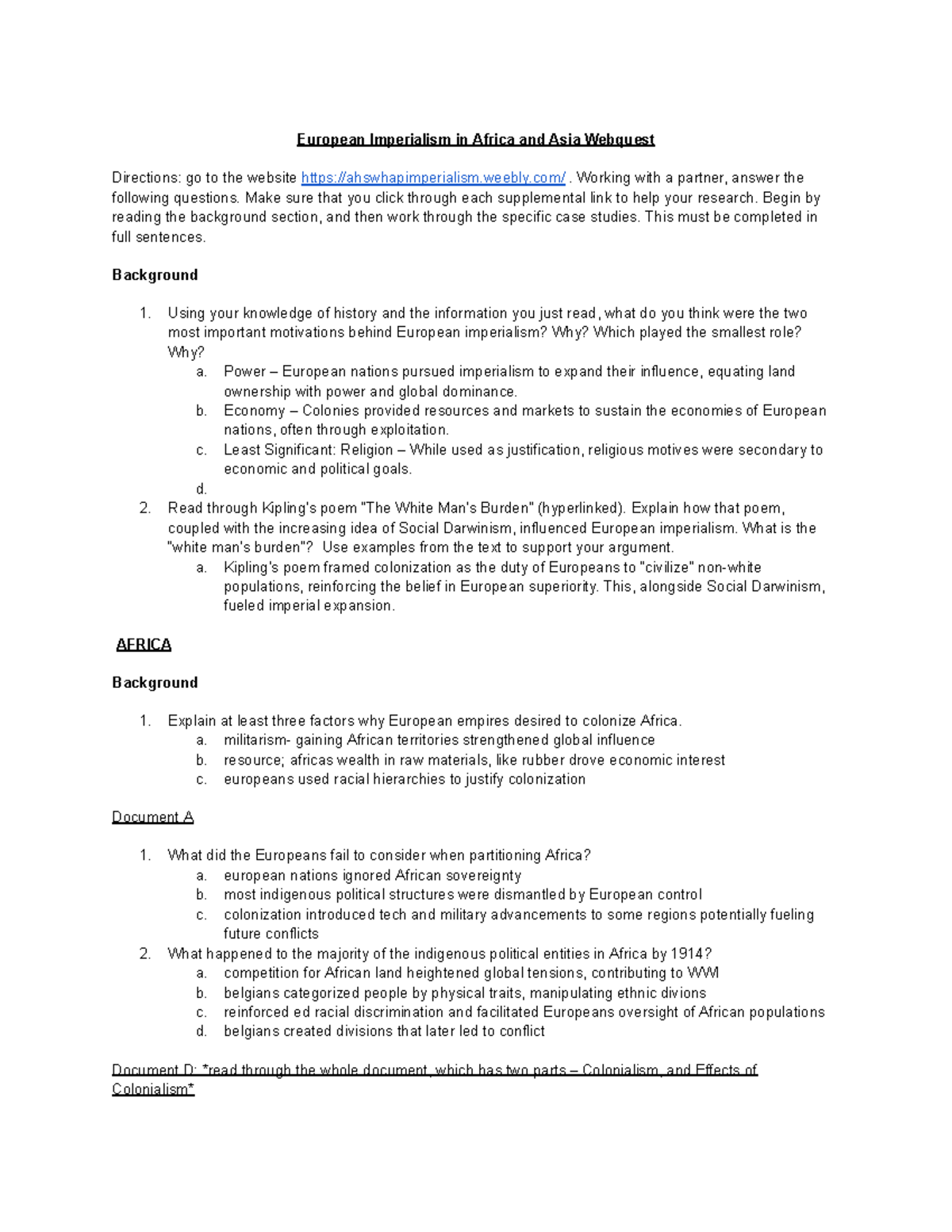 European Imperialism in Africa & Asia: A Collaborative Webquest - Studocu