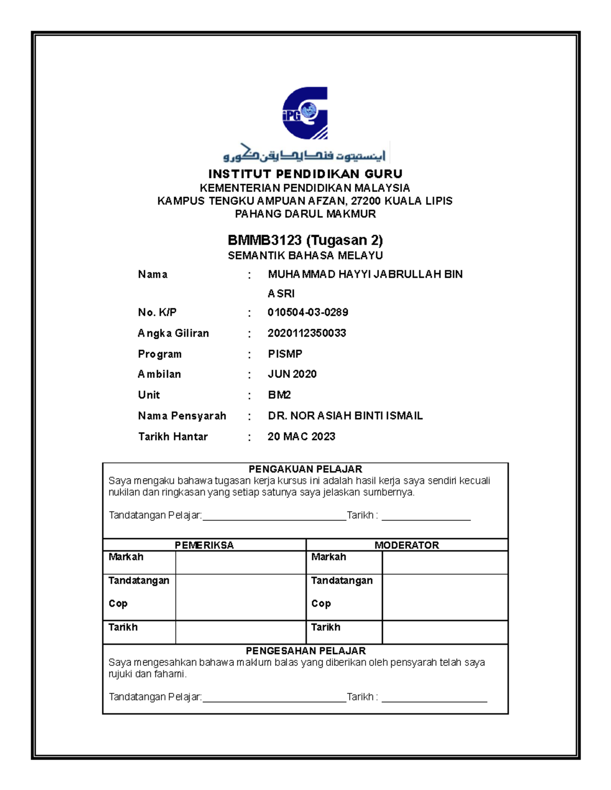 BMMB3123 Tugasan 2: Semantik Bahasa Melayu MUKA Depan Kerja Kursus - Studocu
