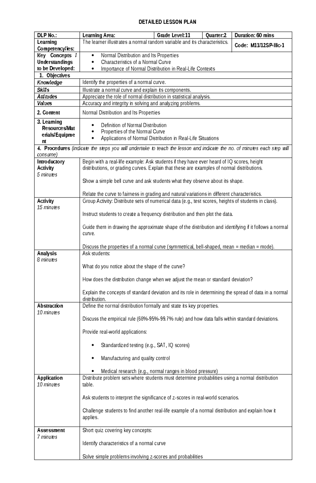 DLP1 Statistics - Detailed Lesson Plan on Normal Distribution - Studocu