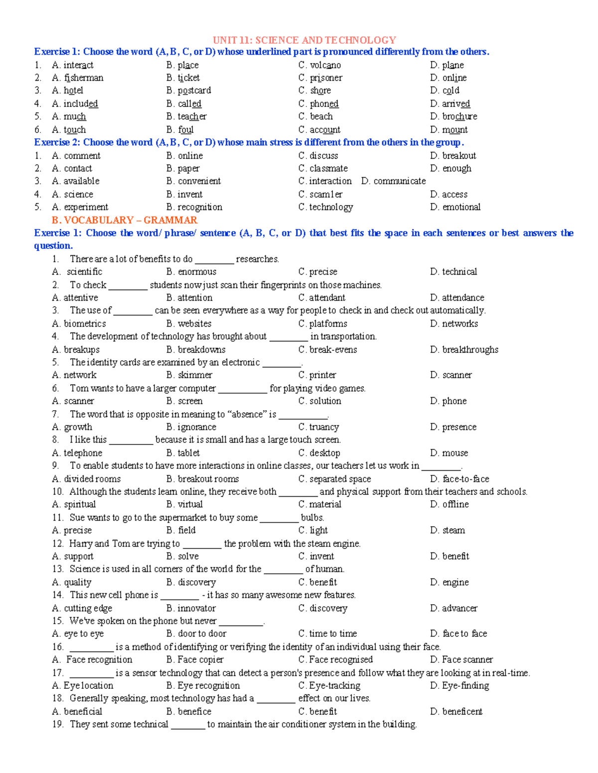 UNIT 11: SCIENCE AND TECHNOLOGY - Exercises and Vocabulary Practice ...
