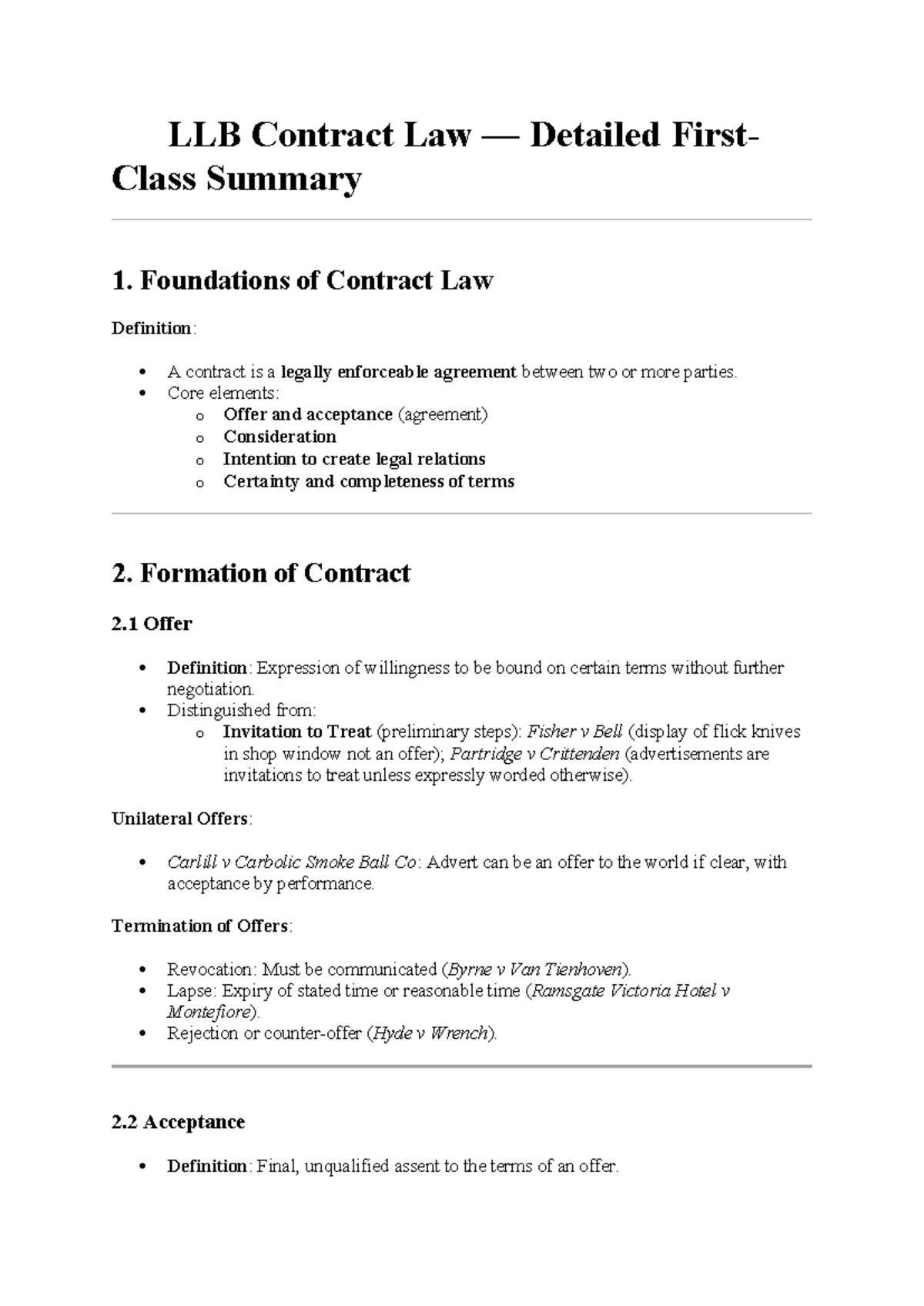 LLB Contract Law - Comprehensive Summary Notes for Exam Prep - Studocu