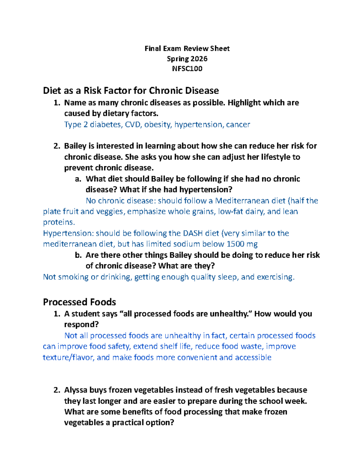 NFSC100 Final Exam Review Sheet - Spring 2026 - Studocu