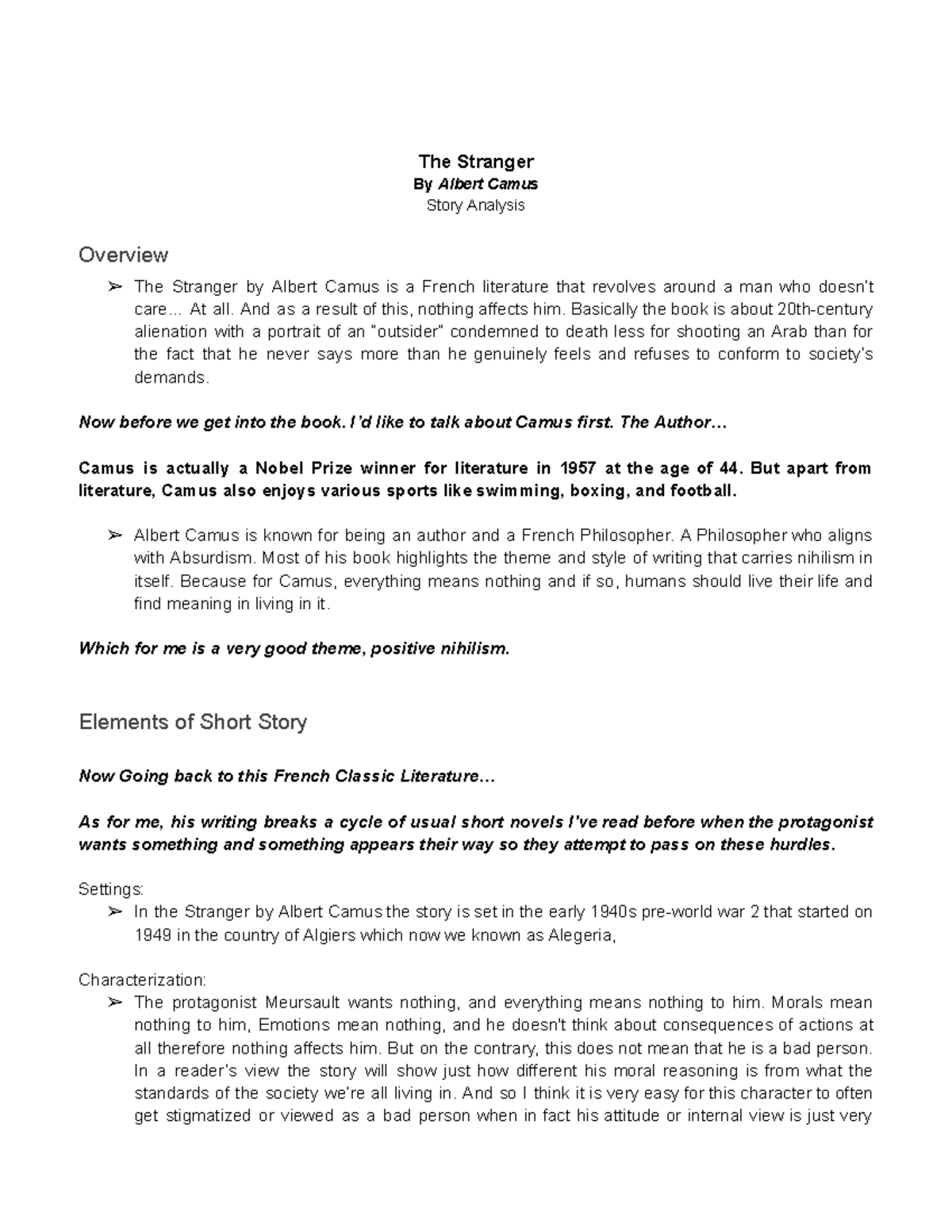 Analysis of 'The Stranger' by Albert Camus: A Literary Insight - Studocu