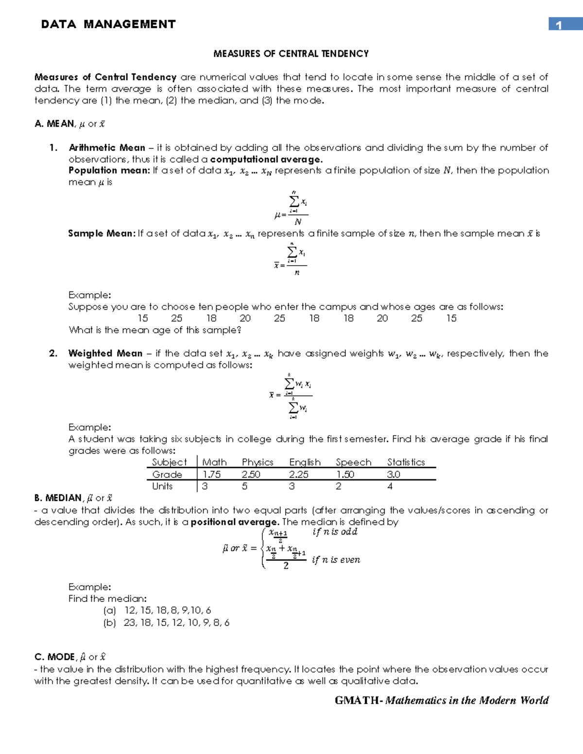 DATA MANAGEMENT 1: MEASURES OF CENTRAL TENDENCY & VARIABILITY - Studocu