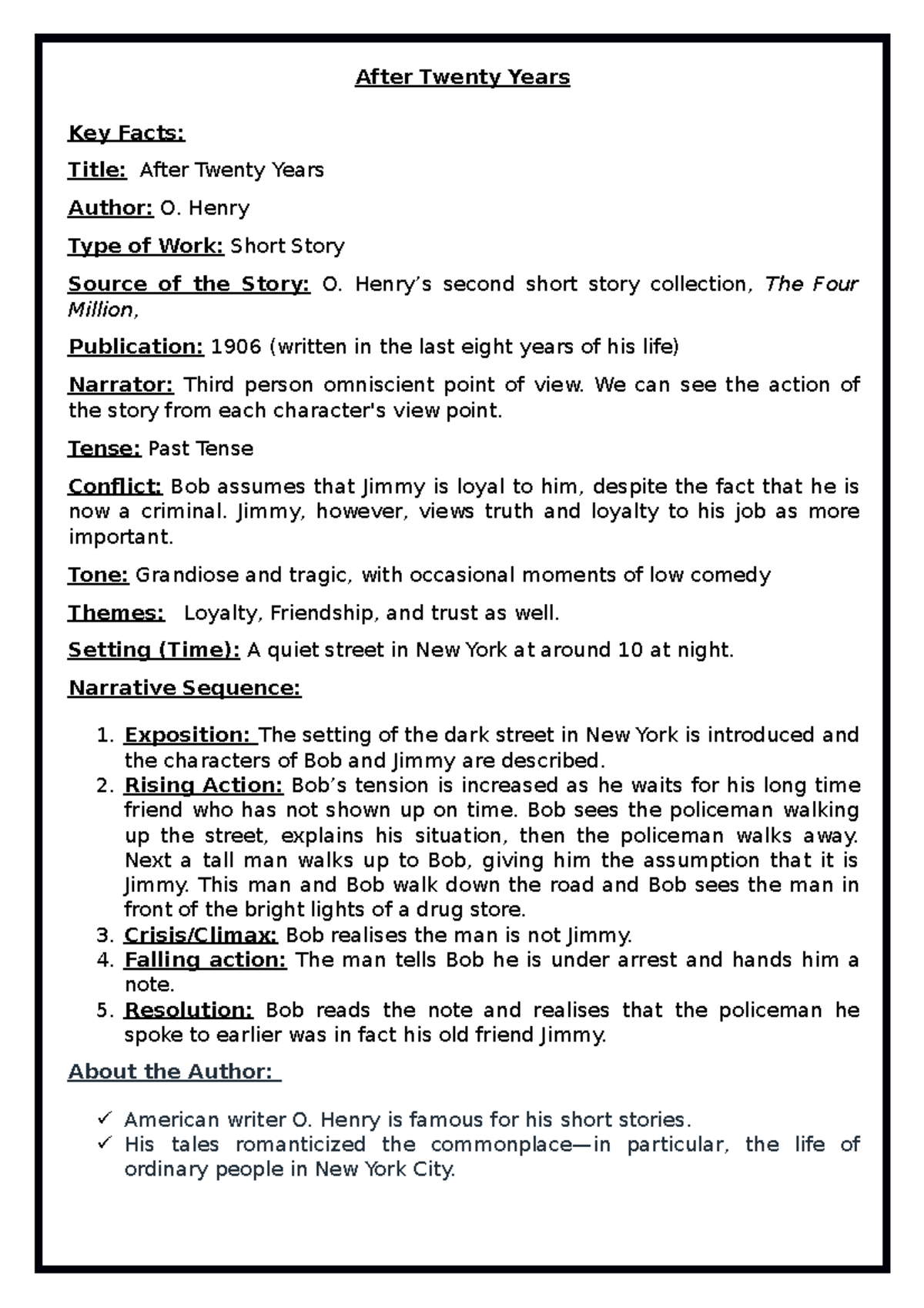 After Twenty Years - After Twenty Years Key Facts: Title: After Twenty ...