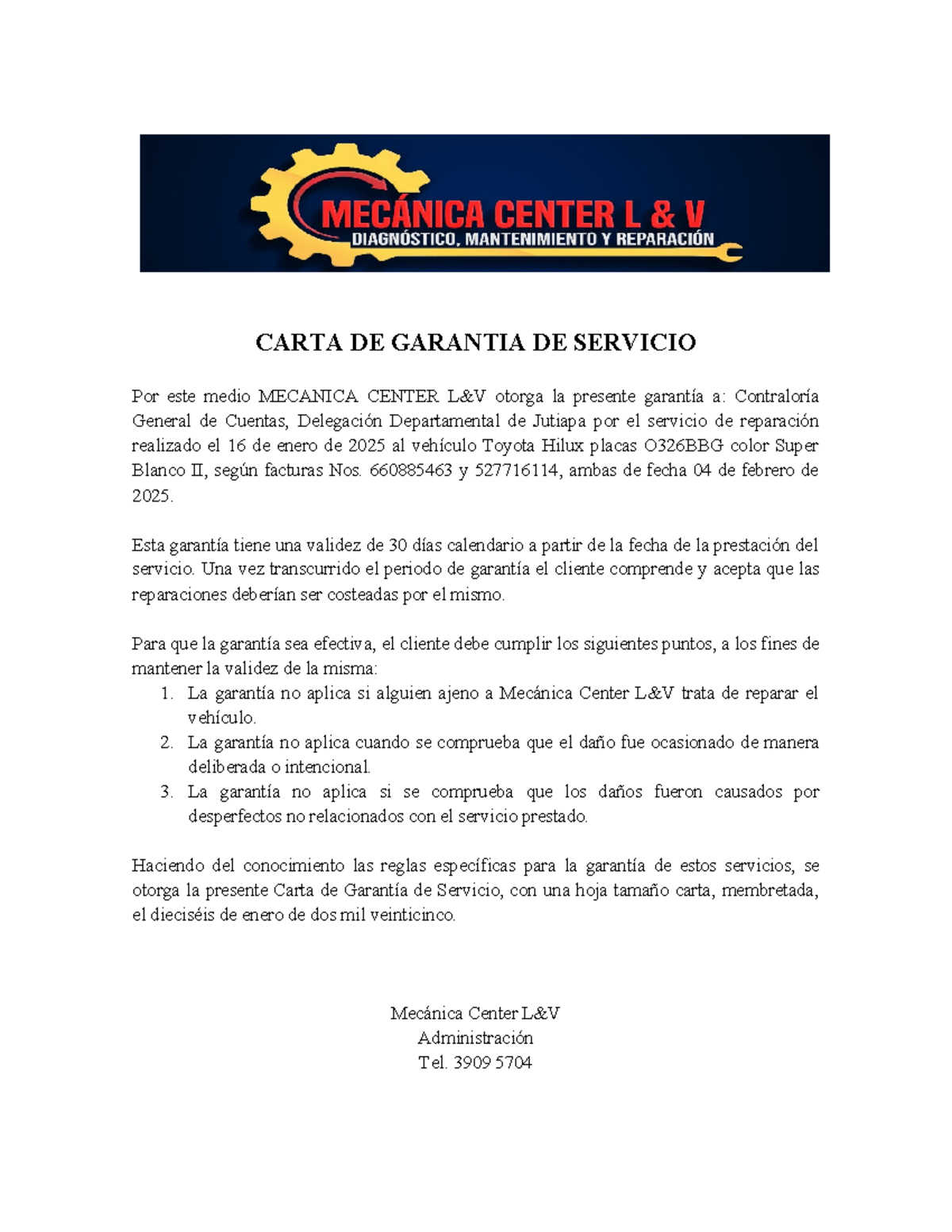 Carta de Garantía de Servicio - Mecánica Center - Jutiapa - Studocu