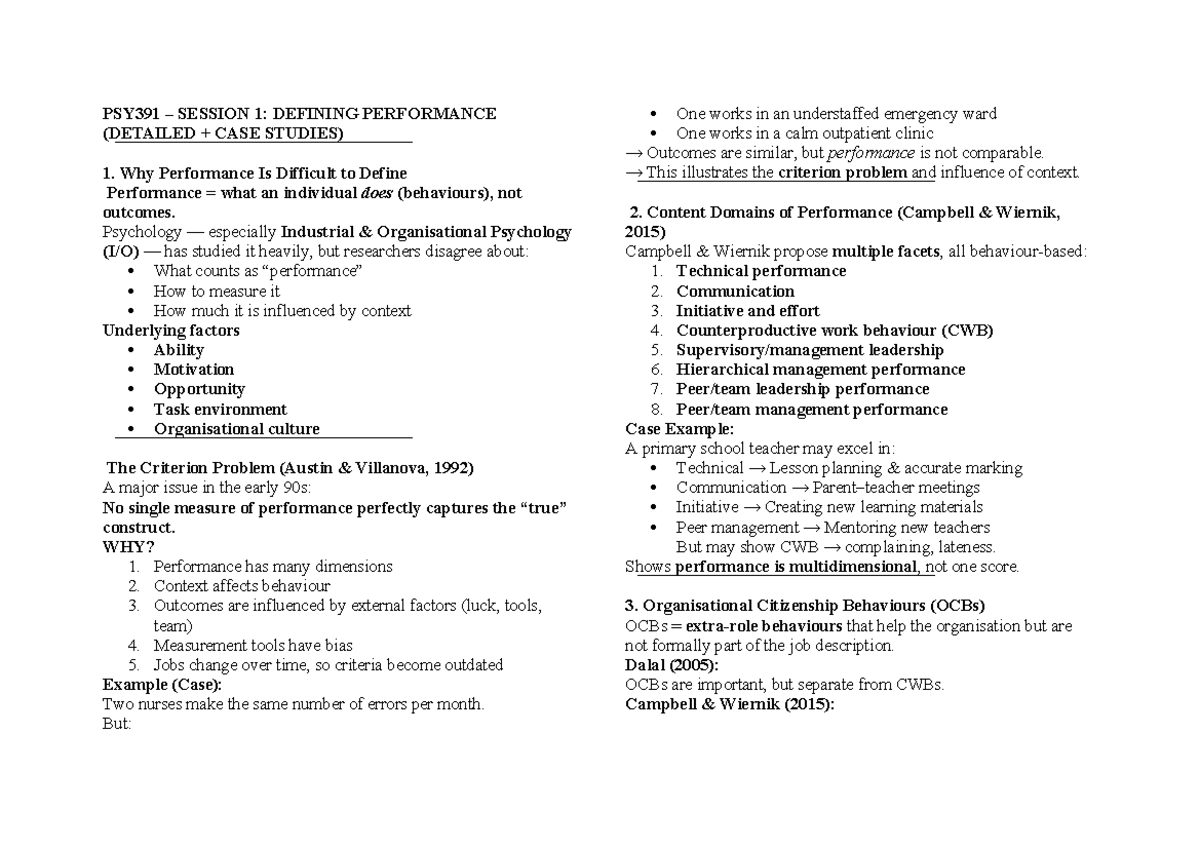 PSY391 SESSION 1: PERFORMANCE DEFINITION & CASE STUDIES - Studocu