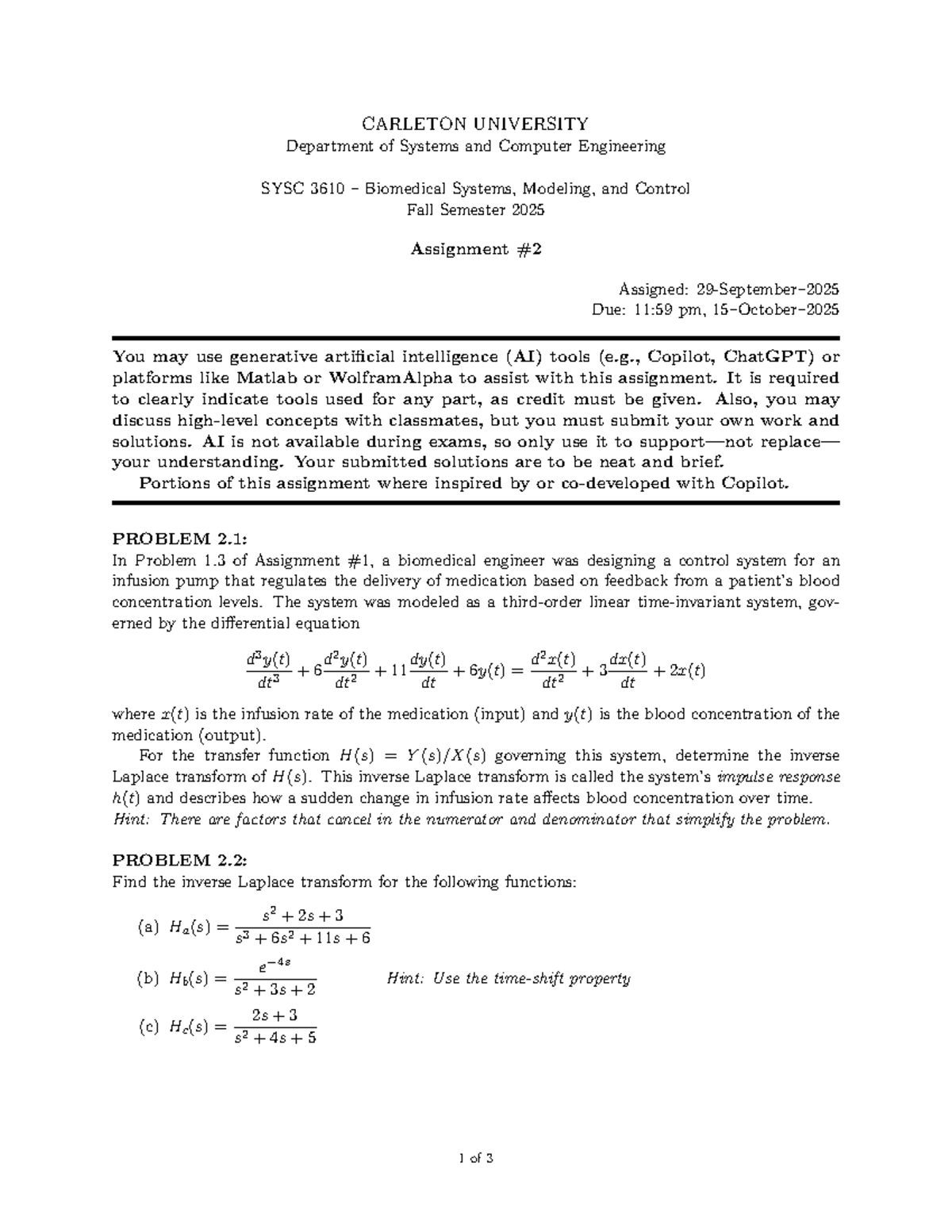 SYSC 3610 Fall 2025 Assignment 2: Biomedical Systems Modeling - Studocu