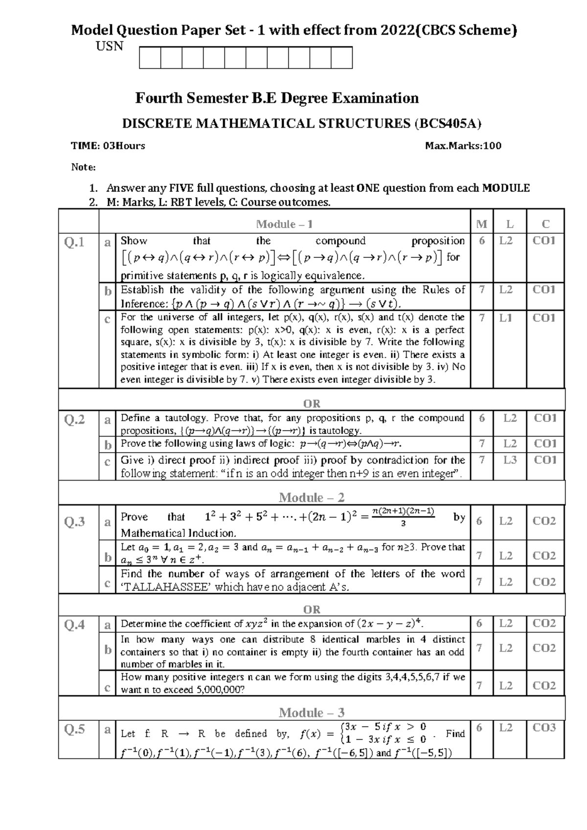 Model Question Paper DMS(BCS405A) for Discrete Mathematical Structures - Studocu