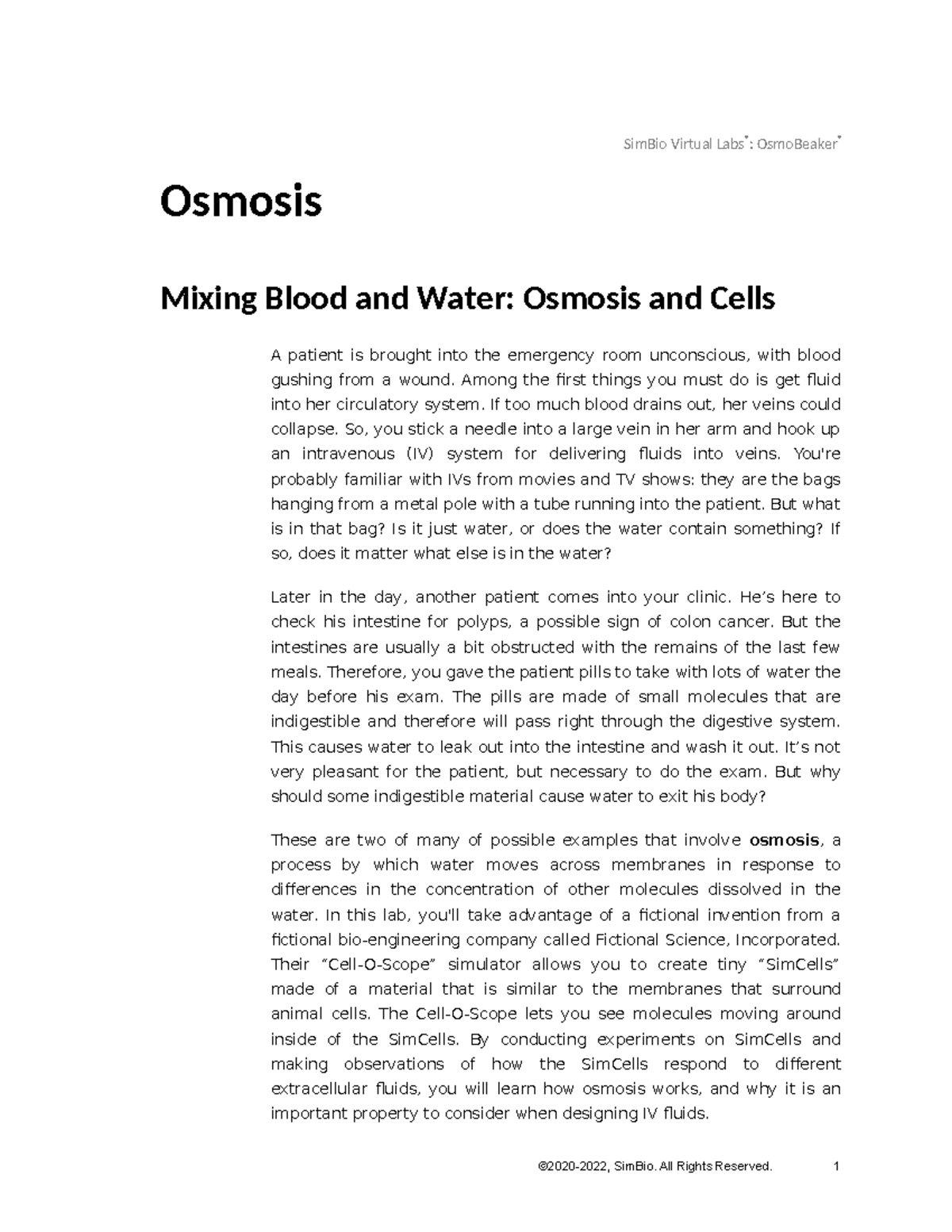 SimBio EN 25: Understanding Osmosis and IV Fluid Design - Studocu