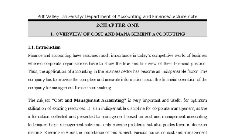 Cost and Management Accounting I: Chapter 1 Overview - Studocu