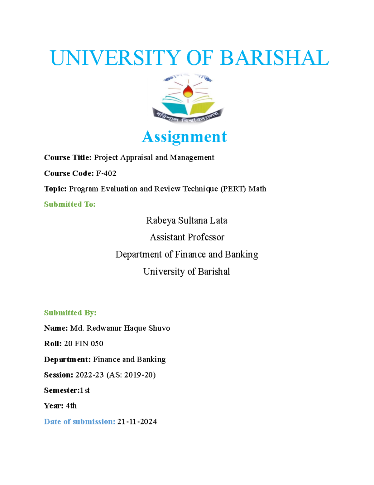 Assignment cover page - Project appraisal and management - UNIVERSITY ...