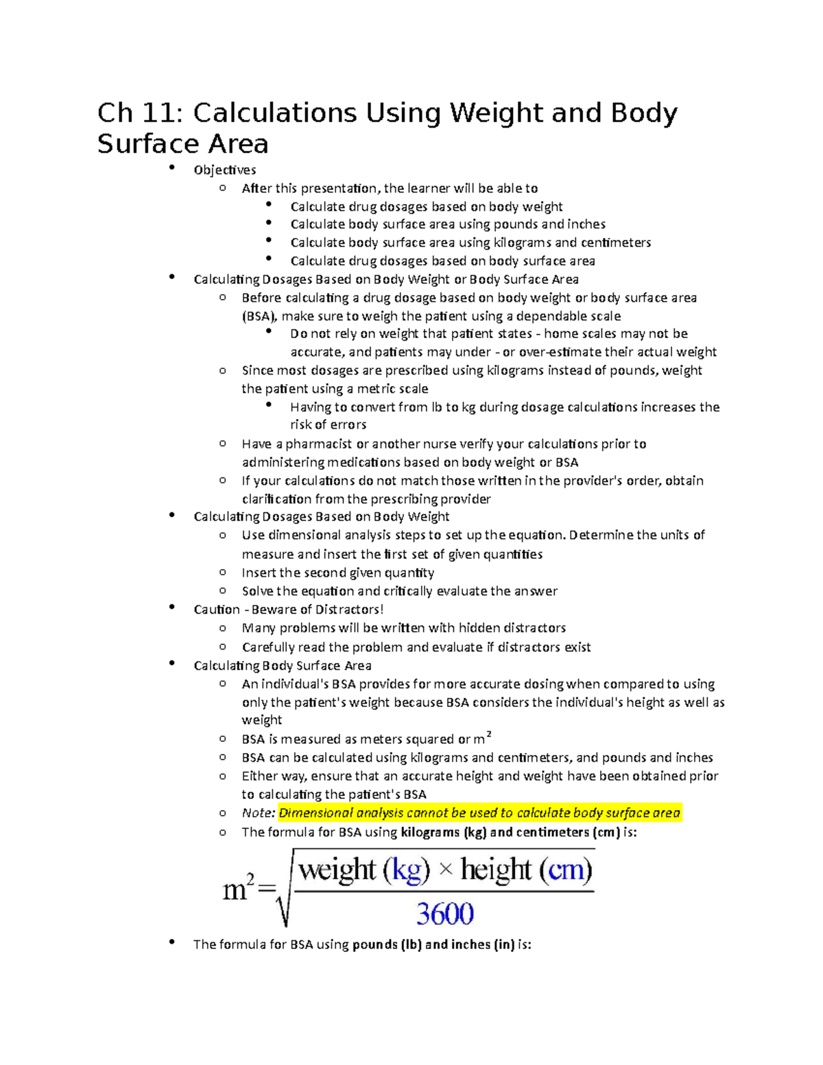 Ch 11- Calculations Using Weight and Body Surface Area - Determine the ...