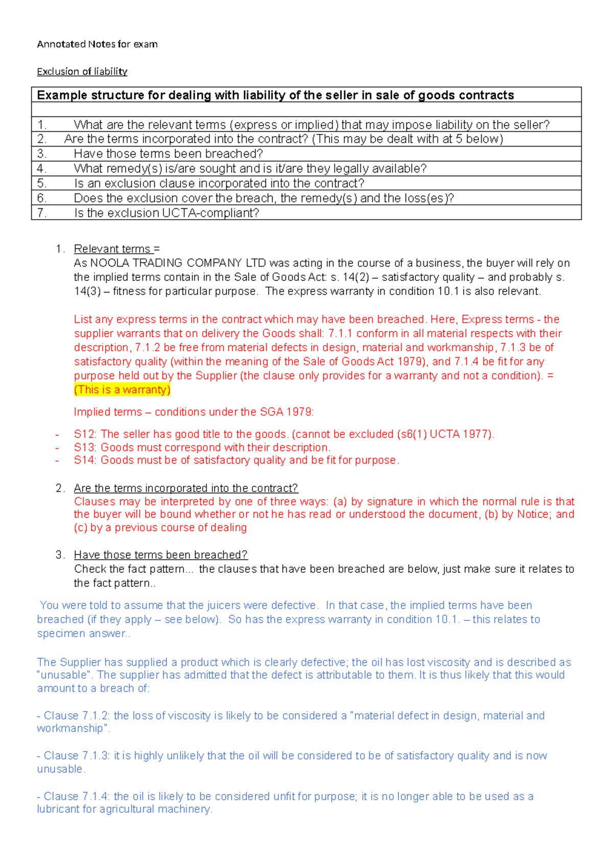 Annotated Notes on Exclusion of Liability for Exam (Law 101) - Studocu
