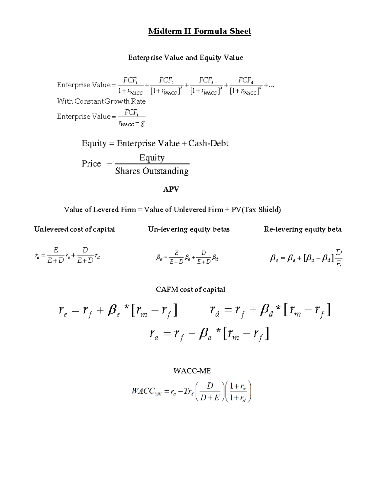 Midterm II Formula Sheet - Midterm II Formula Sheet Enterprise Value and Equity Value Shares ...