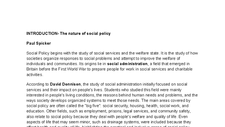 Social Policy Overview: Understanding Welfare and Social Services - Studocu