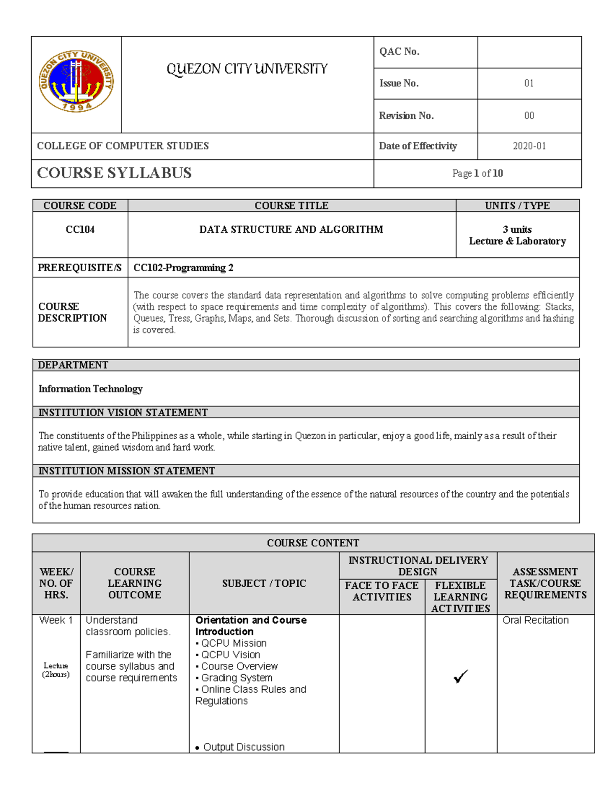 CC104 Data Structures & Algorithms Course Syllabus Overview - Studocu