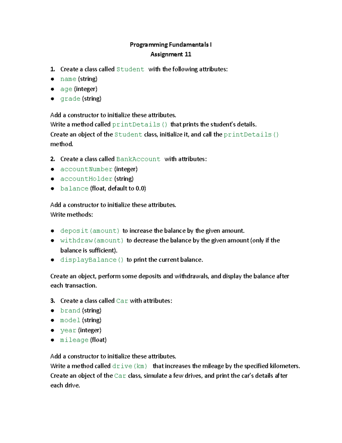 Programming Fundamentals I - Assignment 11: Class Creation and Methods ...