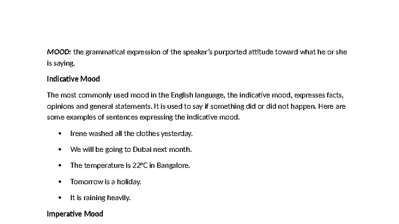 MOOD: Understanding Grammatical Moods in English Language - Studocu