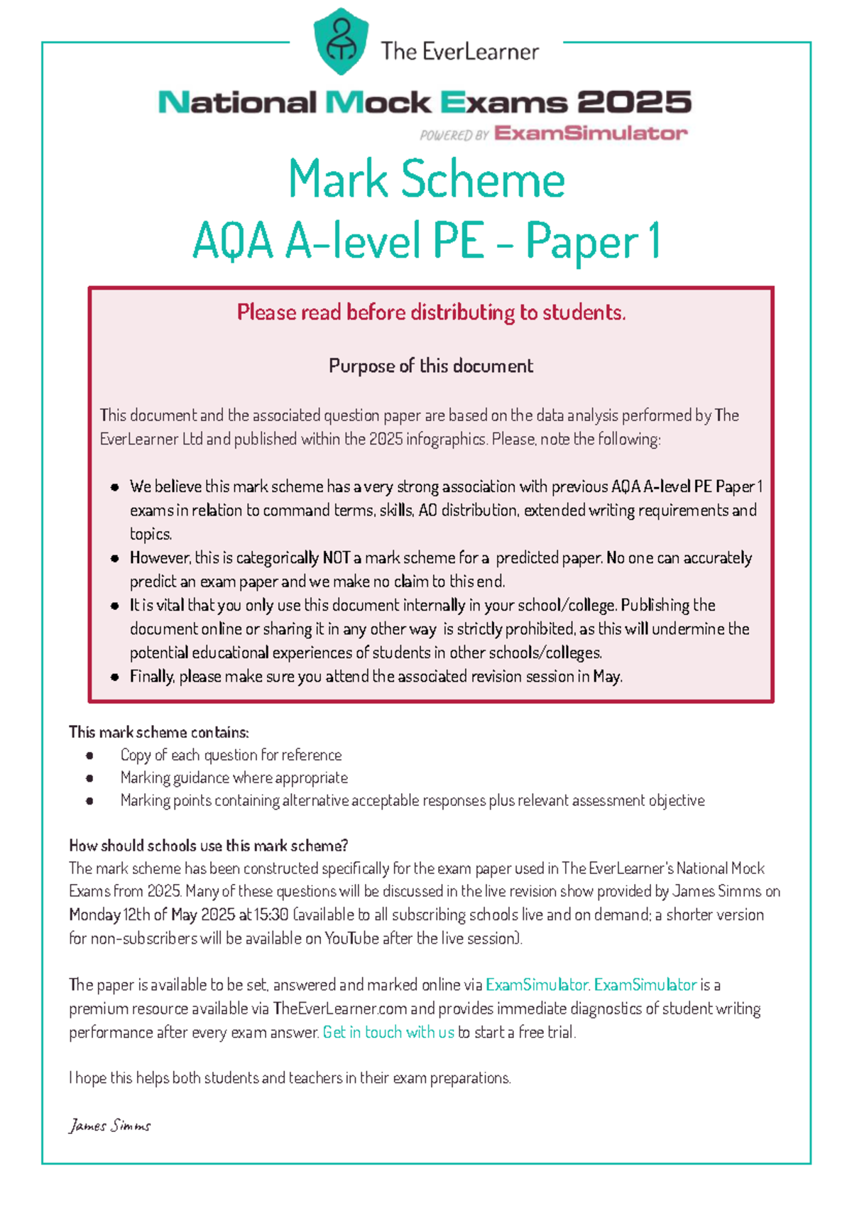 AQA A Level PE Paper 1 Mock Exam 2025 Mark Scheme Guide - Studocu