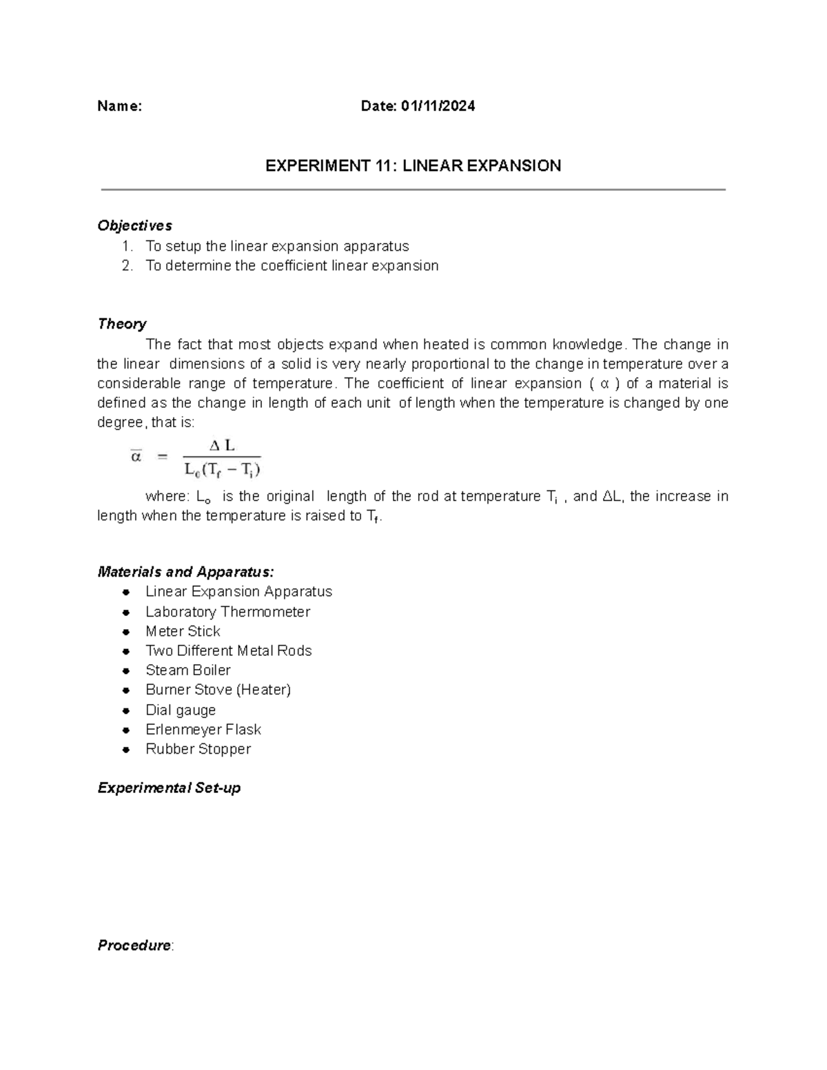 Experiment 11: Linear Expansion Analysis and Coefficient Determination ...