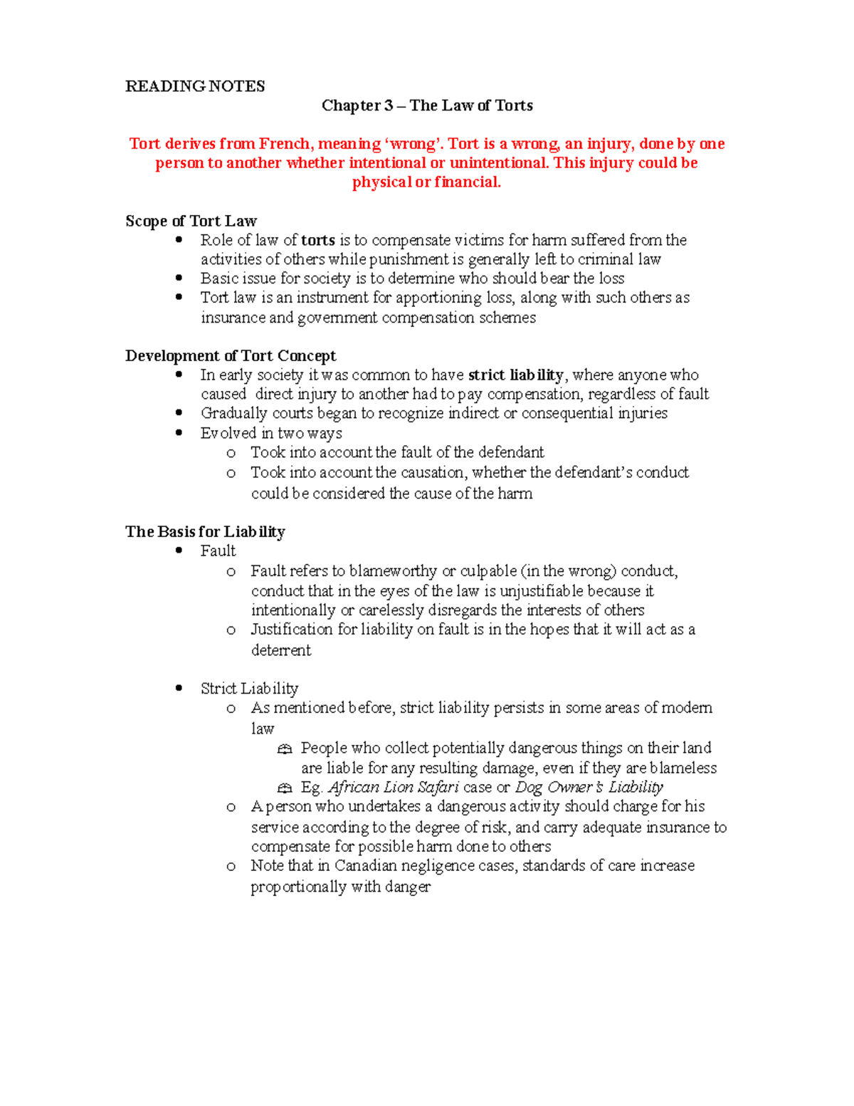 Chapter 3Reading Notes - READING NOTES Chapter 3 – The Law of Torts ...