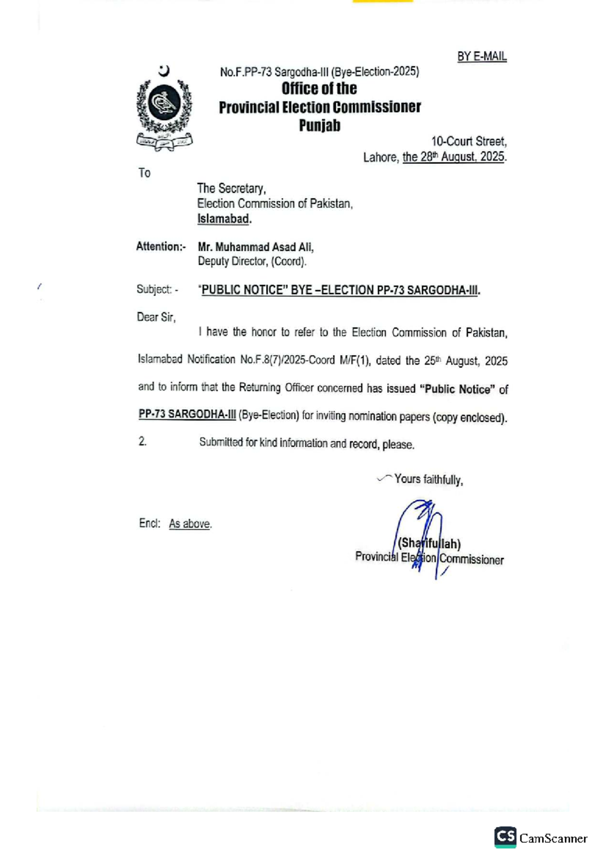Public Notice: Bye-Election PP-73 Sargodha-III - Studocu