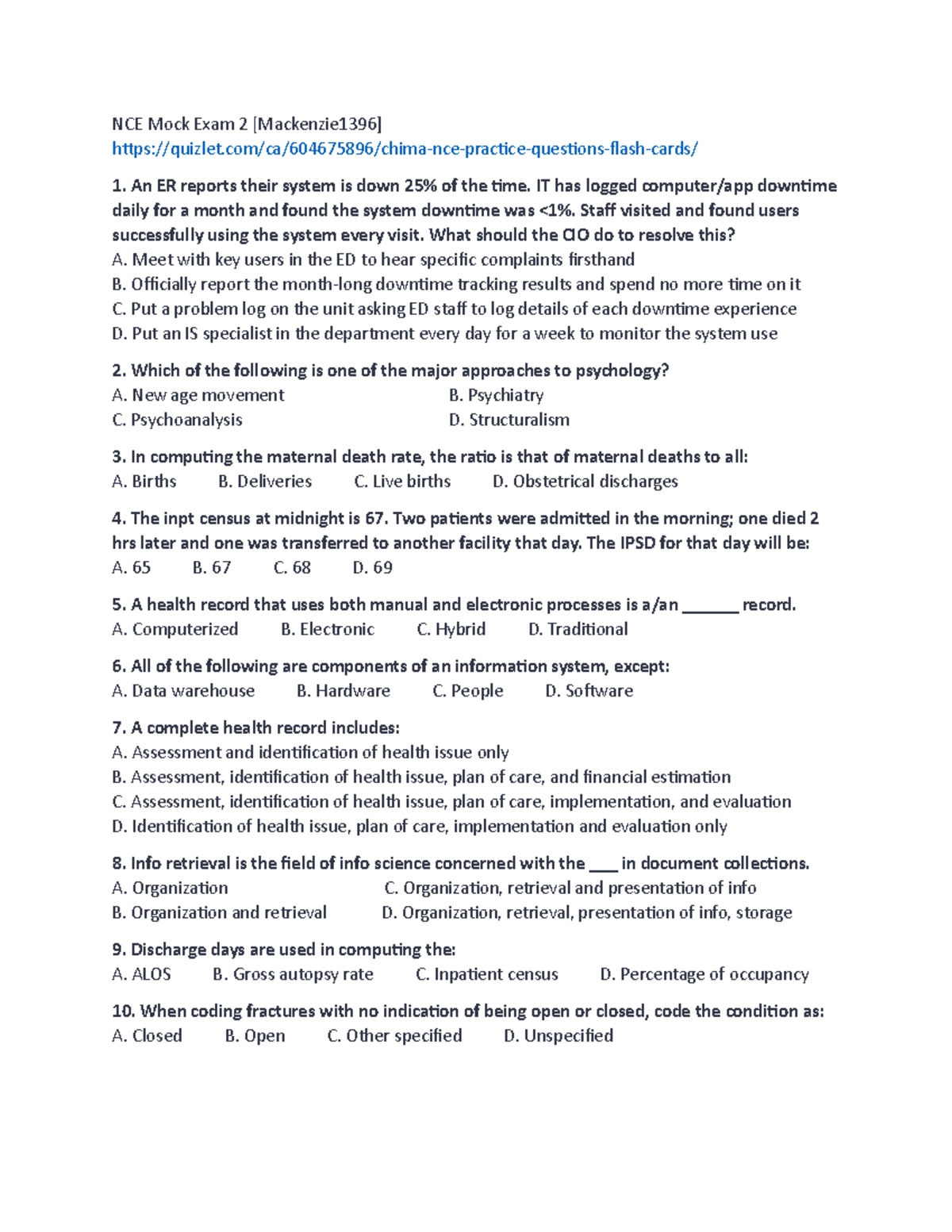 NCE Mock Exam 2: Comprehensive Practice for Health Info Management ...