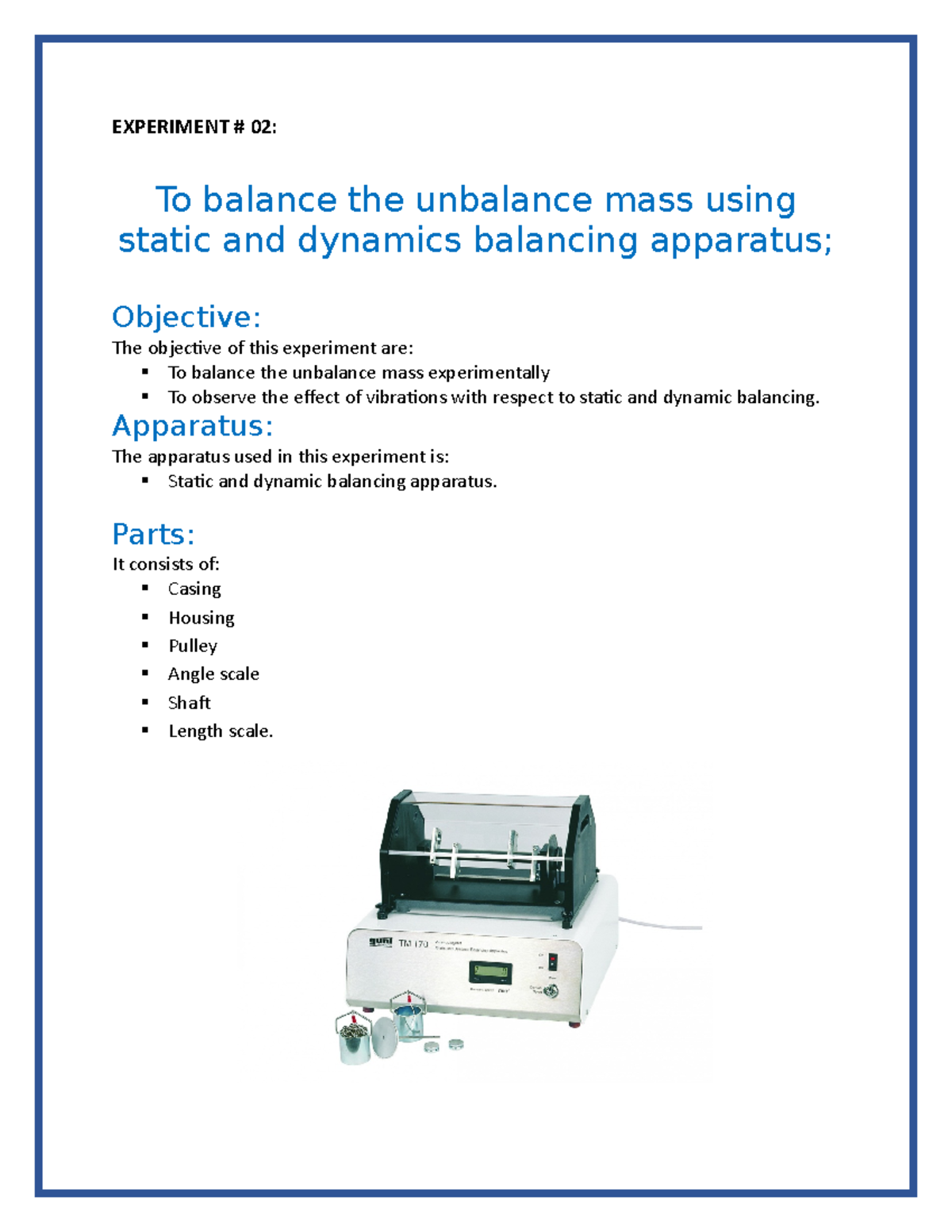 Experiment 02 - To balance the unbalance mass using static and dynamics ...